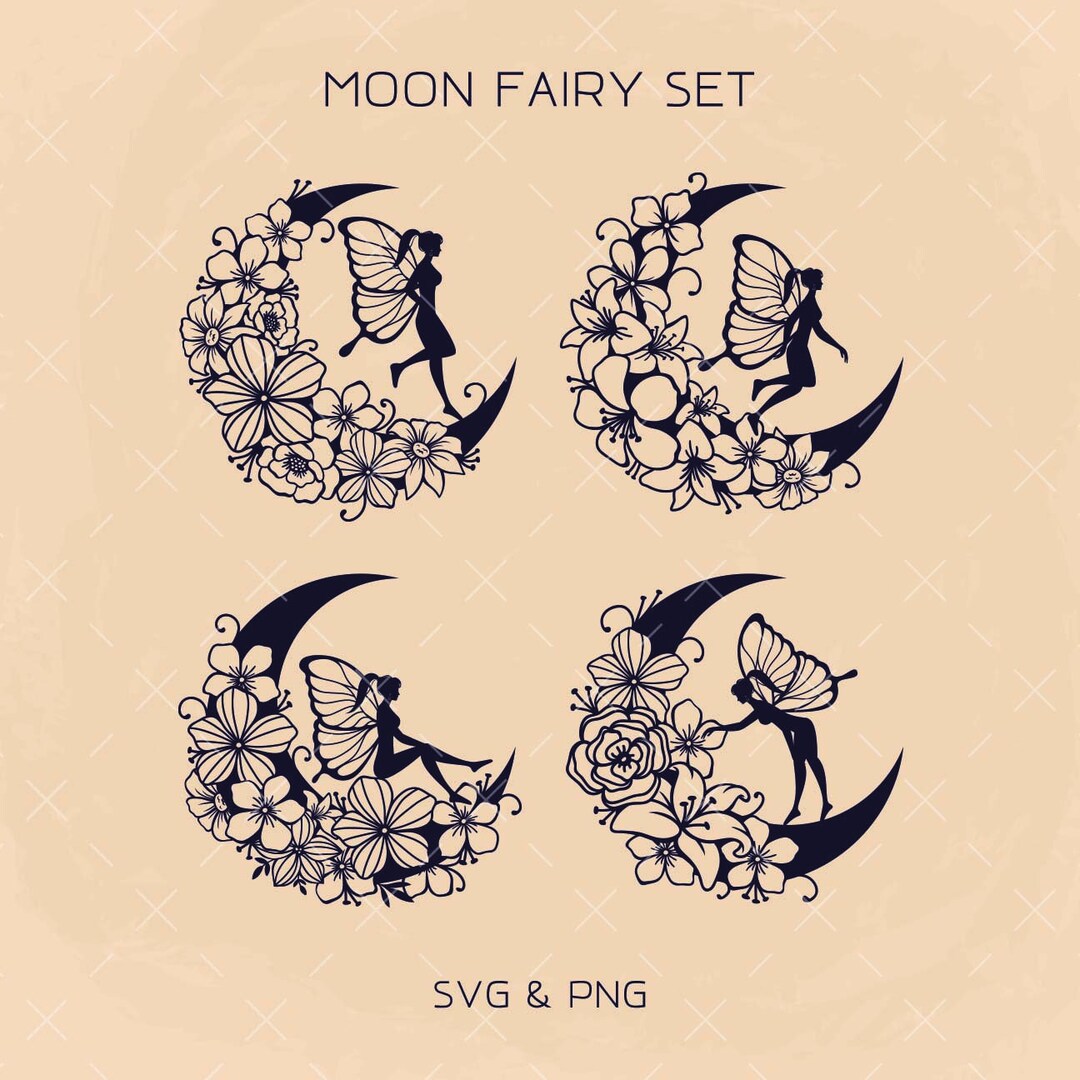 Moon Fairy Set, Floral Moon Design, Crescent Moon SVG, Silhouette ...