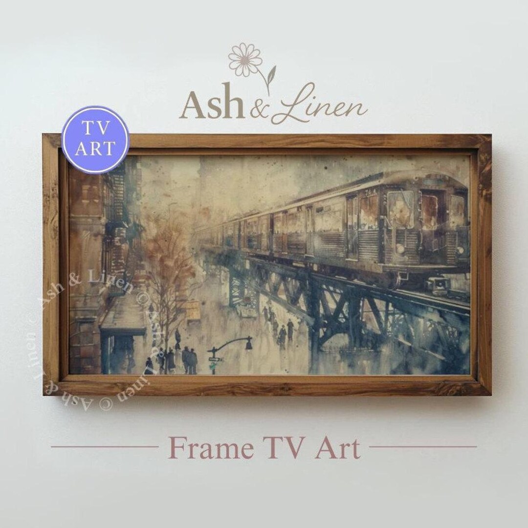 Vintage Elevated Train Art – Moody 1940s City Scene Watercolor - Etsy