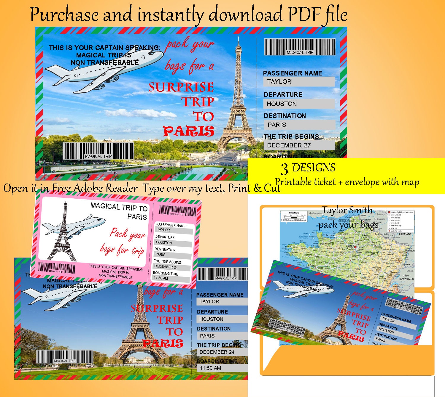 Paris Boarding Pass Surprise Paris Trip Ticket / Vacation Paris Tickets ...