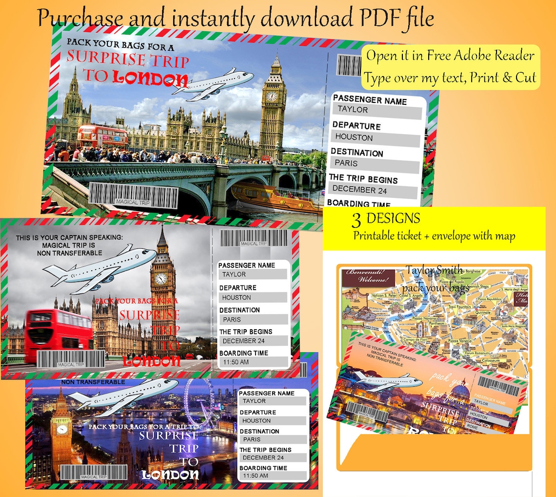 Surprise London Trip Ticket Vacation Tickets Instant Download - Etsy Israel