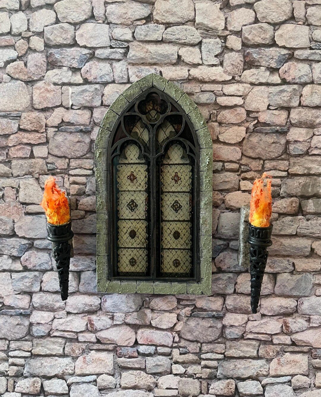 Medieval Torches and Stained Glass Effect Church Window in Wooden Frame ...