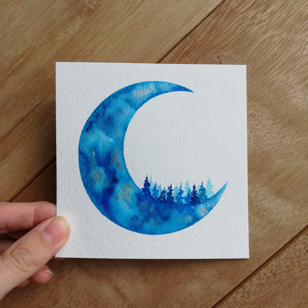 Mini No 14, Watercolor Moon, Blue Moon Painting, Mini Artwork, Tiny ...