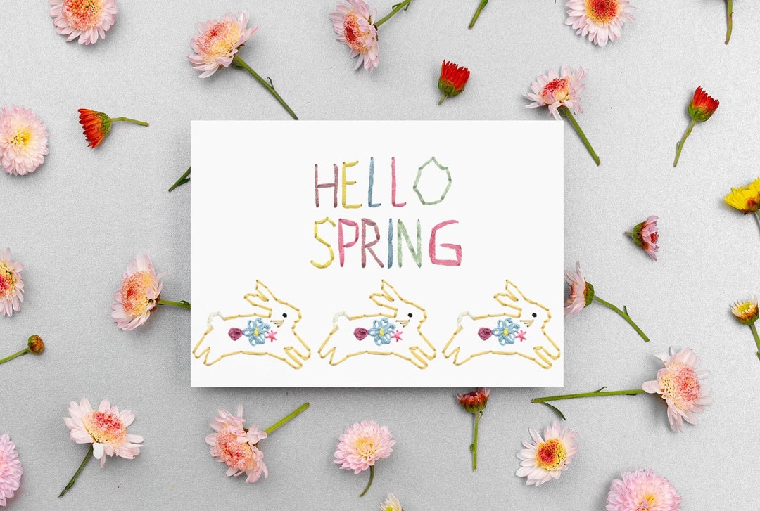 Embroidered Bunny Hello Spring Print Card | Easter Cards Set or Single ...