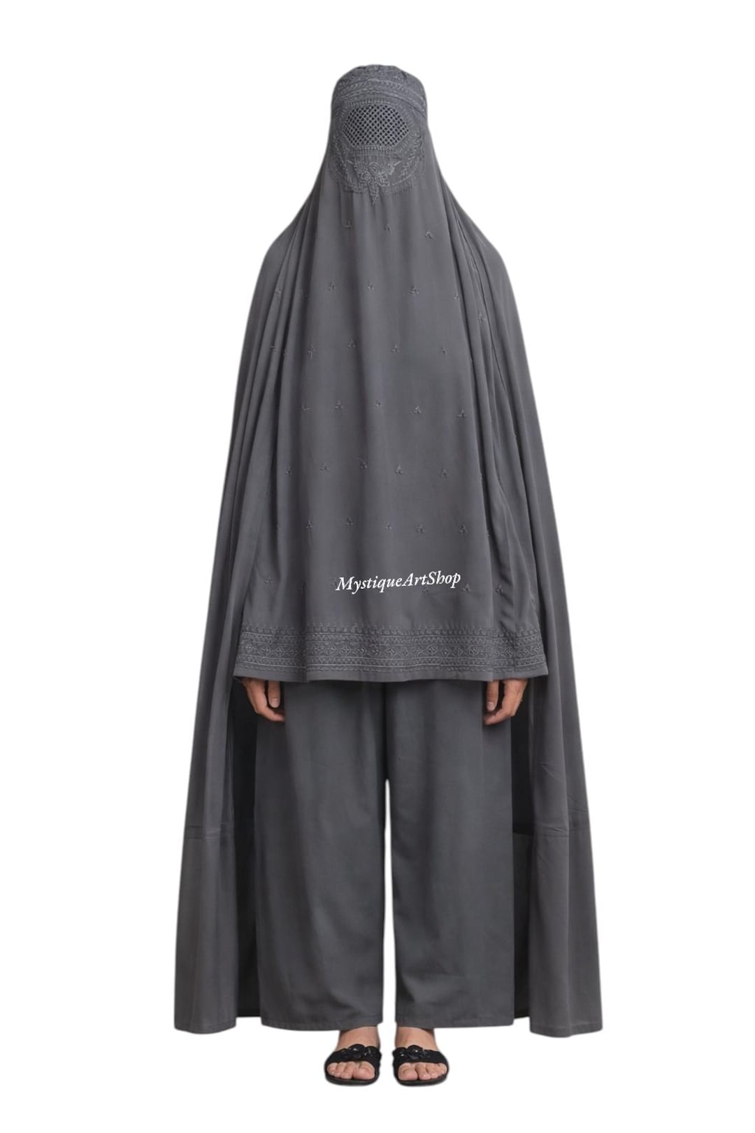 Burka gris bordada con niqab / Conjunto islámico modesto Khimar / Abaya ...