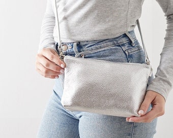 Silver Leather Small Crossbody Bag, Silver Evening Bag, Hand Bag ...