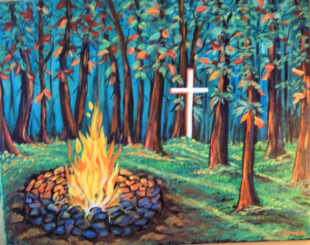 Campfire and Cross, Original Painting on 16" X 20" Canvas - Etsy