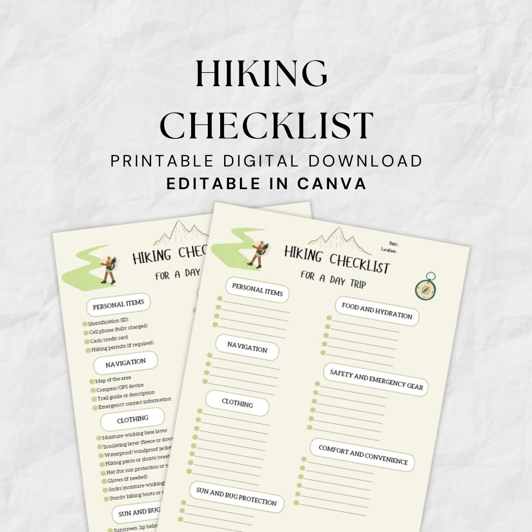 Day Hike Essentials Checklist, Printable Hiking Checklist, to Do List ...