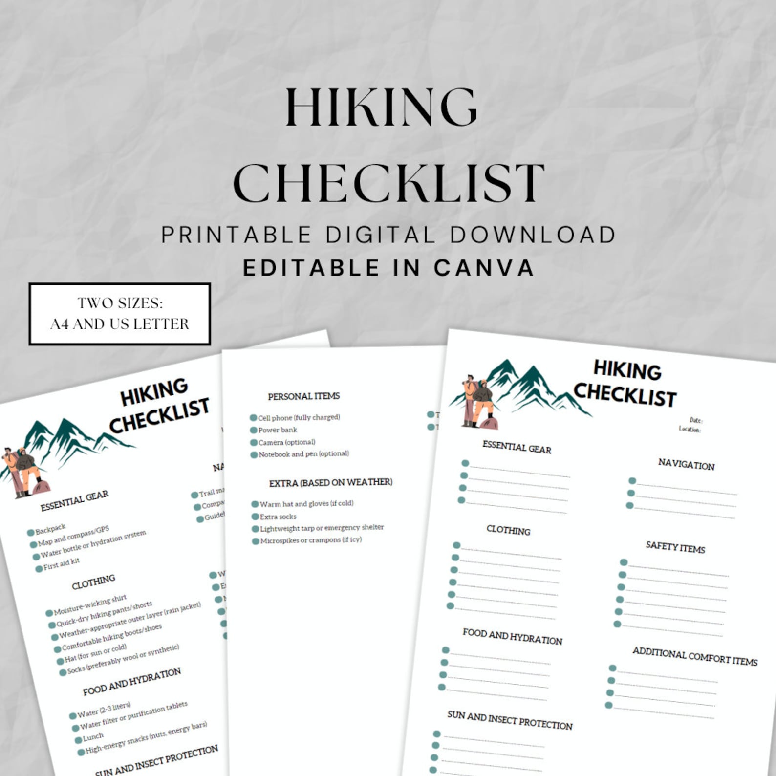 Printable Hiking Checklist, Editable Travel Checklist, Hiking Trip ...