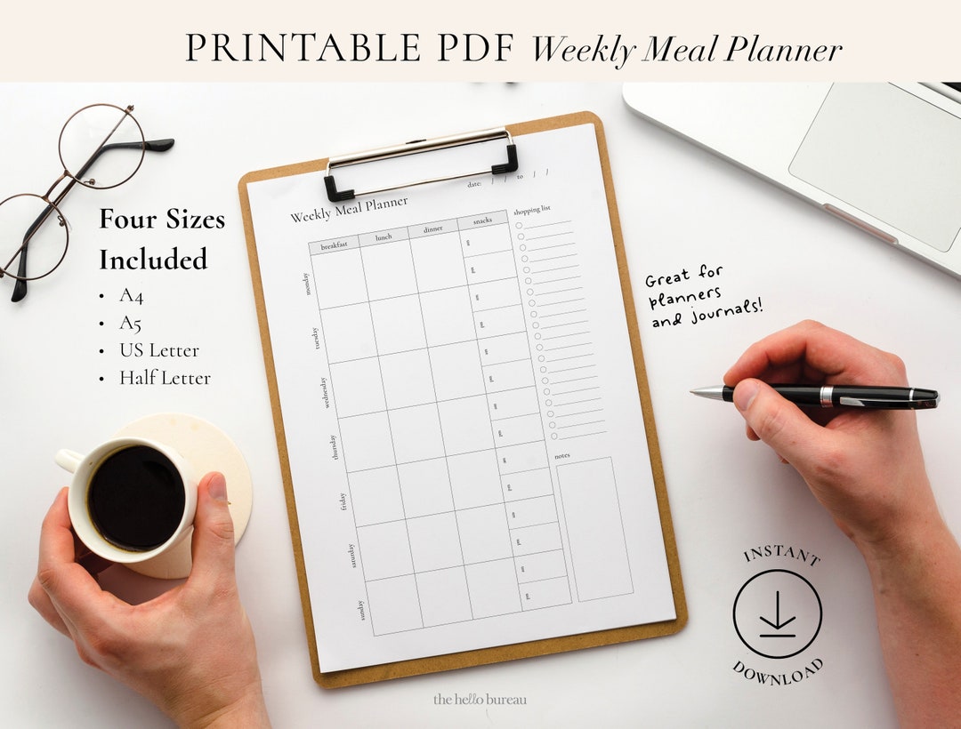 Printable Weekly Meal Planner PDF Food Diary Instant - Etsy