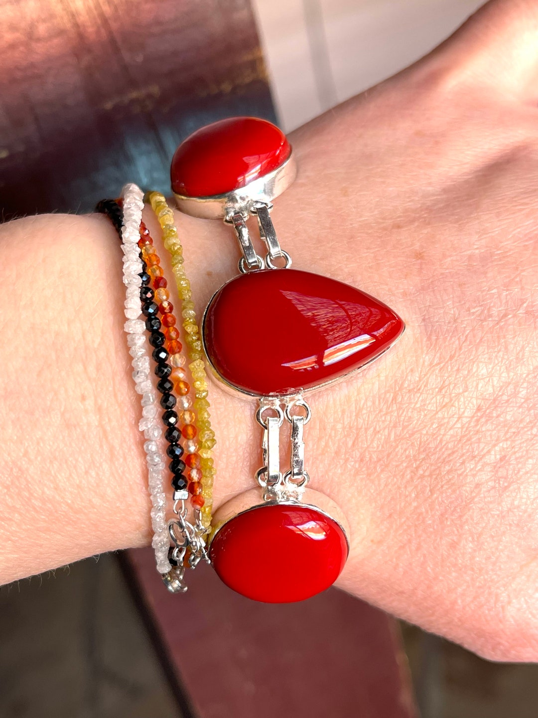Red Coral, Bracelet, Multi-stone Red Coral Bracelet, Statement Bracelet ...