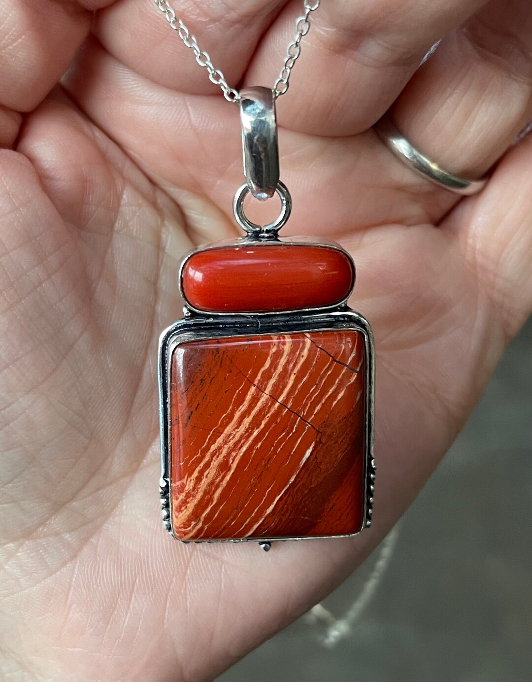 Red, Coral, Jasper, Pendant, Necklace, in Oxidized Silver - Etsy