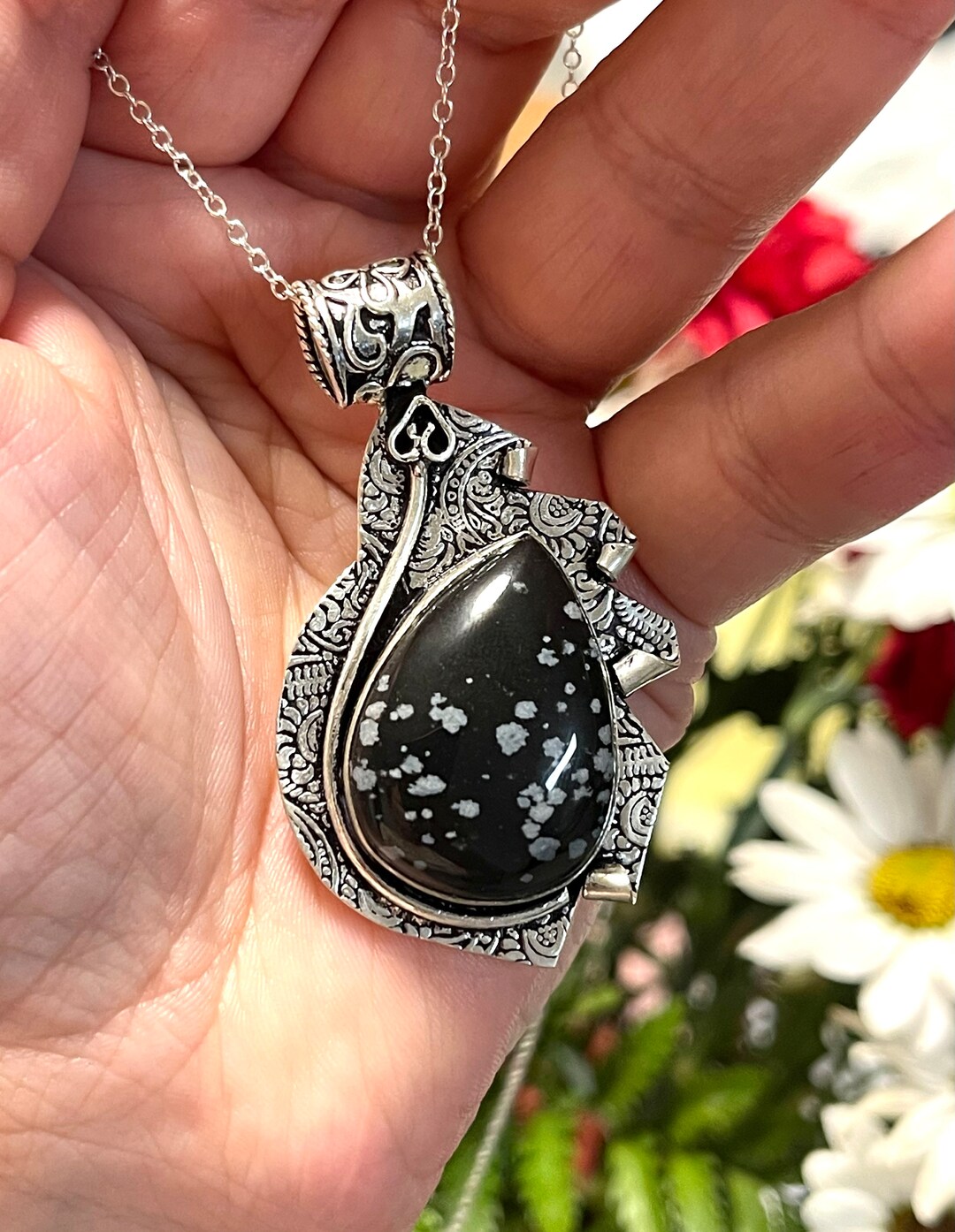 Snowflake, Obsidian, Pendant, Necklace, in Oxidized Silver - Etsy