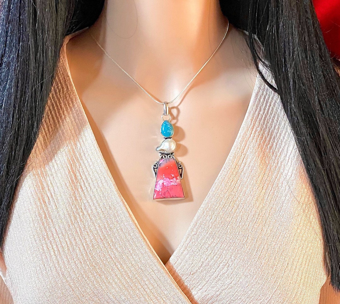 Dendrite Opal, Turquoise & Biwa Pearl Pendant Necklace, Multi-stone ...