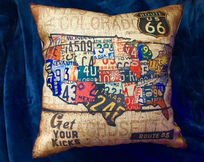 Vintage, Route 66 & U.S. Map Print, Throw/cushion Decorative Pillow ...
