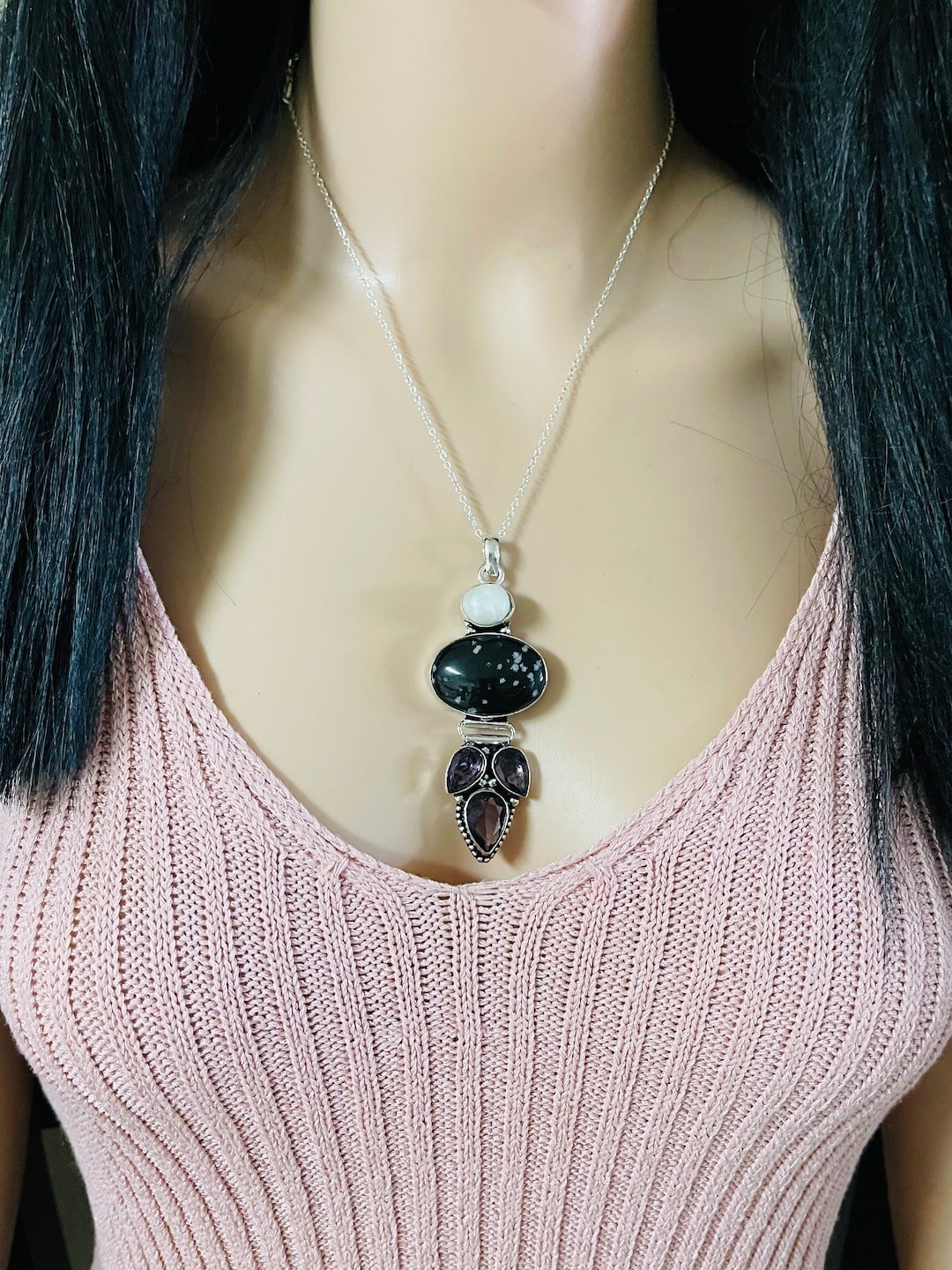 Pearl, Snowflake, Obsidian, Amethyst, Pendant, Necklace, in Oxidized ...