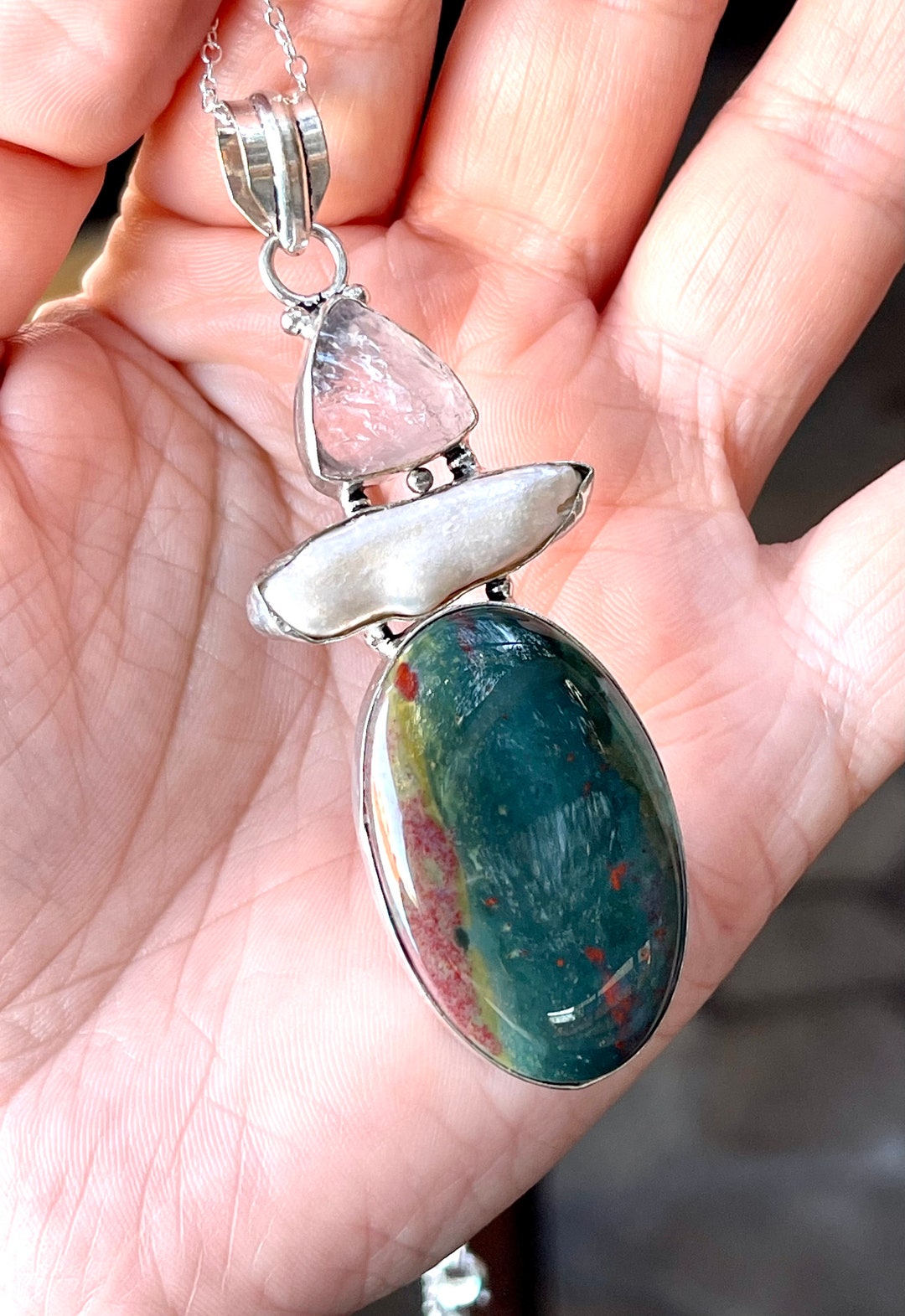 Bloodstone, Rose Quartz, Pearl, Pendant, Necklace, in Oxidized Silver ...