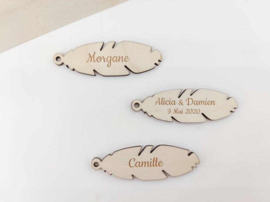 Set of 10 Wooden Feather Labels to Personalize Wedding, Baptism or ...