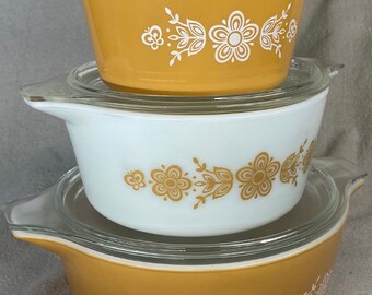 Vintage Pyrex Butterfly Gold Redesign Set of 3 Round Casserole Dishes ...