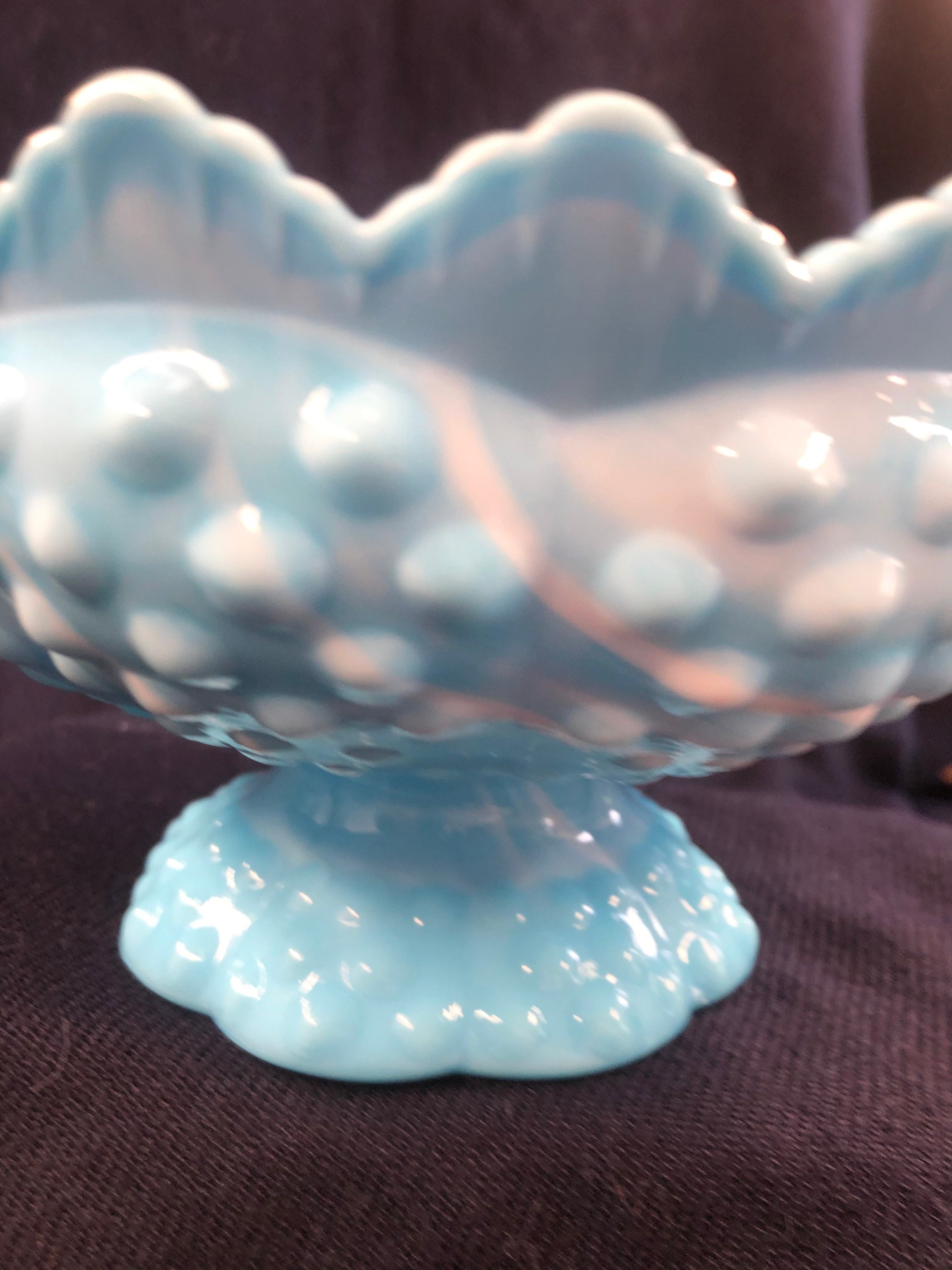 Fenton Hobnail Blue & White Swirl Slag Glass Pedestal Candle - Etsy UK