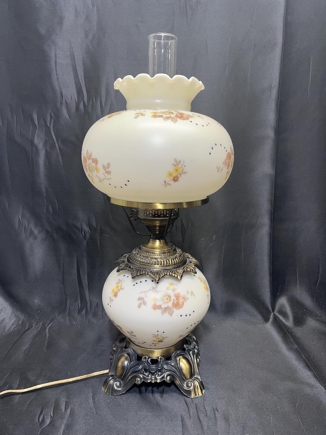 Vintage 21"tall Hurricane Table Lamp: Hand-painted Floral Milk Glass ...