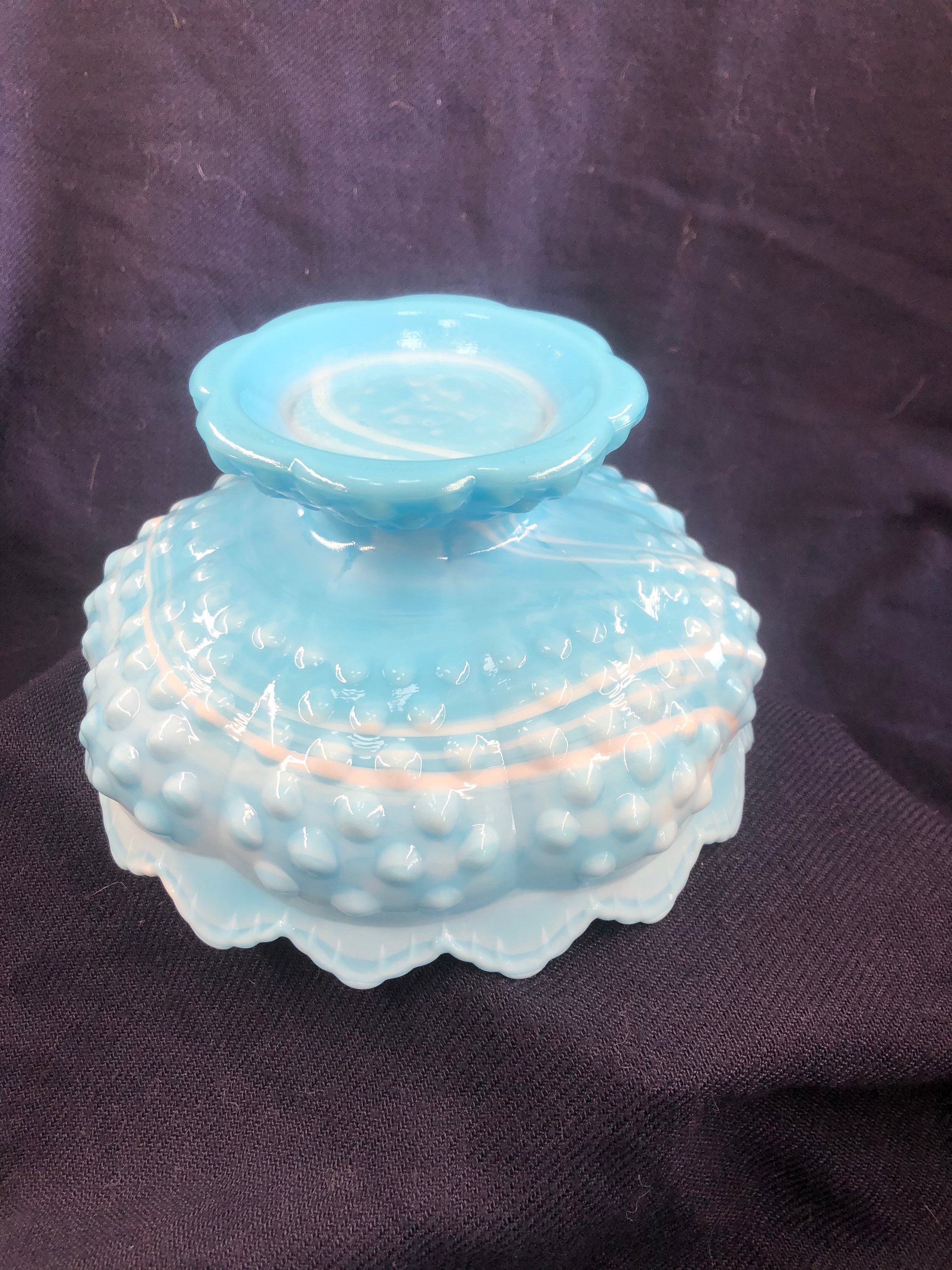 Fenton Hobnail Blue & White Swirl Slag Glass Pedestal Candle - Etsy UK