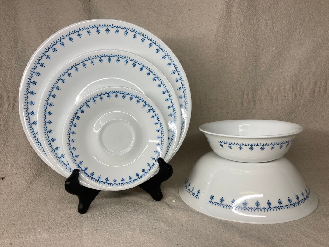 Vintage Corelle Snowflake Blue Dinnerware: Plates, Bowls, Serving ...
