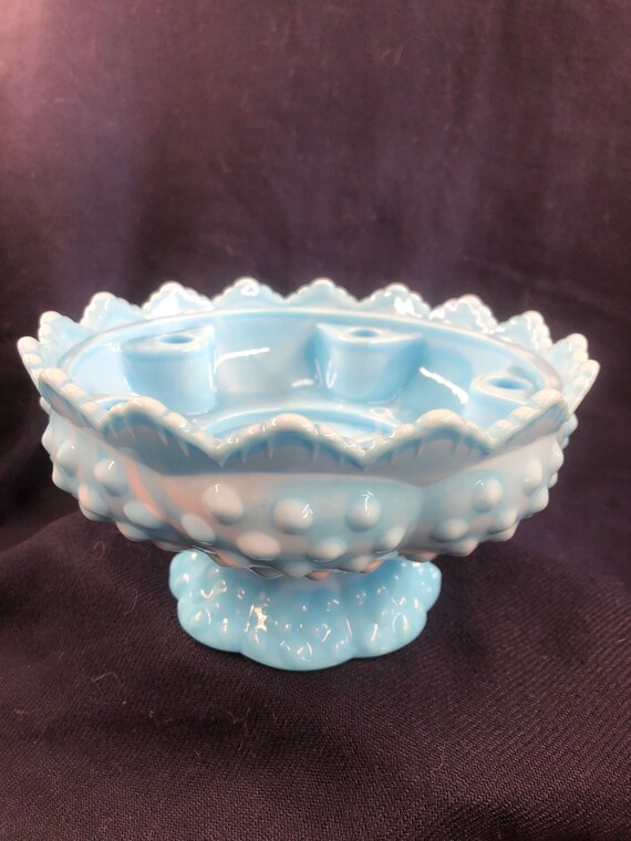 Fenton Hobnail Blue & White Swirl Slag Glass Pedestal Candle | Etsy