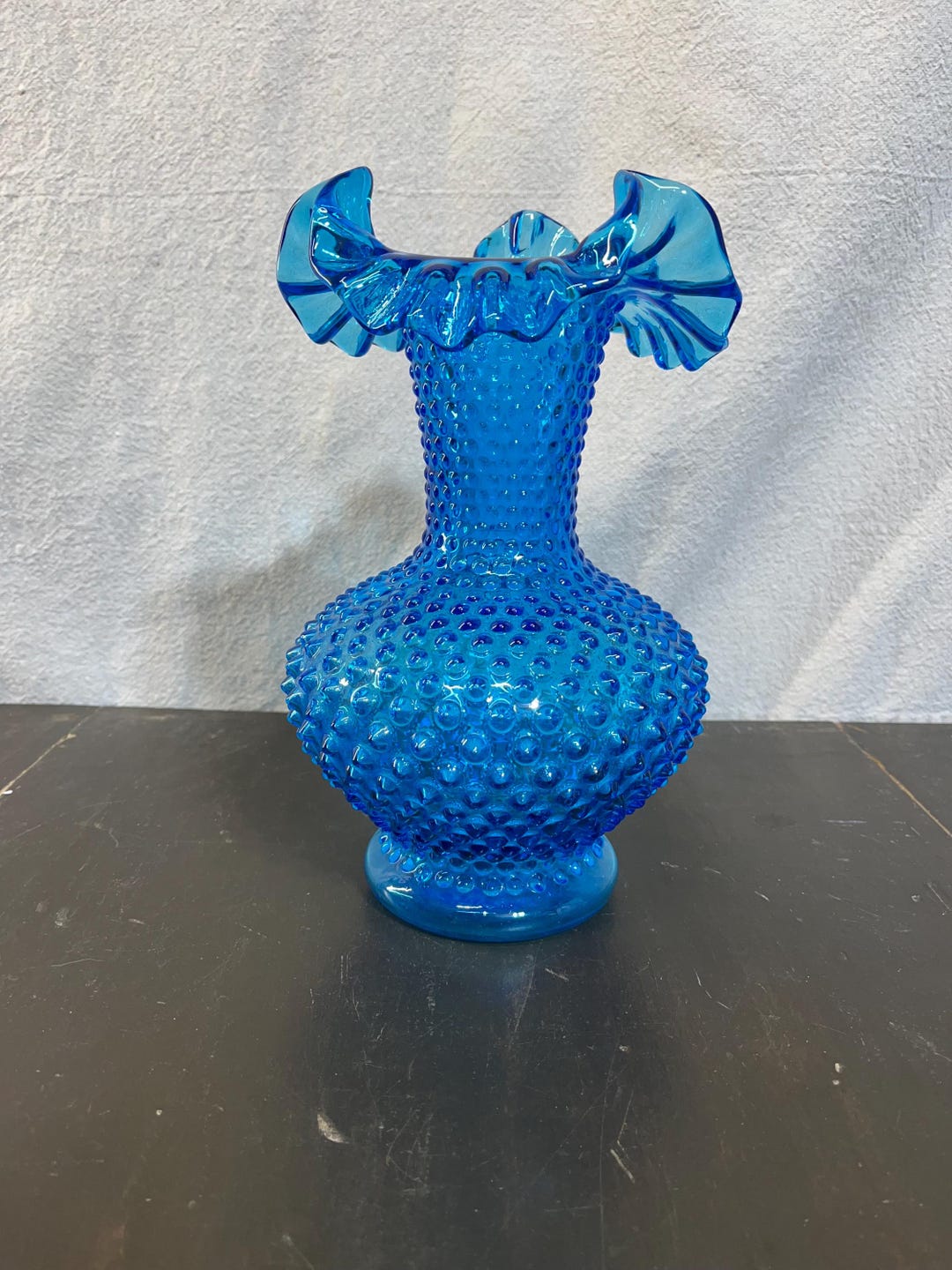 10.5" Tall Fenton Hobnail Colonial Blue Glass Vase Ruffled Edge | 1960 ...