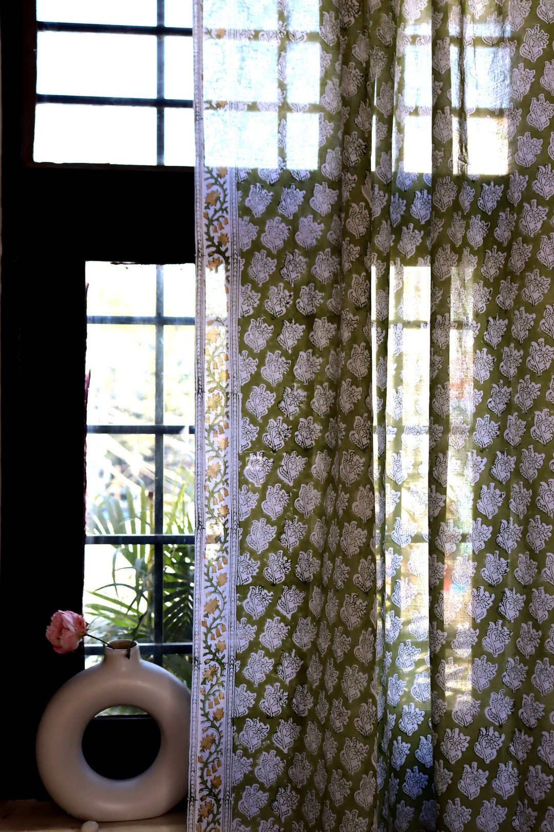 Green Floral Block Print Curtain: Indian Cotton Voile Sheer - Etsy