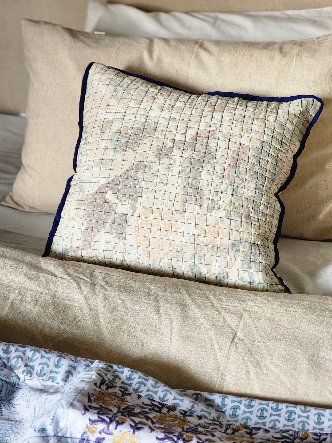 Upcycled Cotton Cushion Cover: Bohemian Checkered Pillow With Blue ...