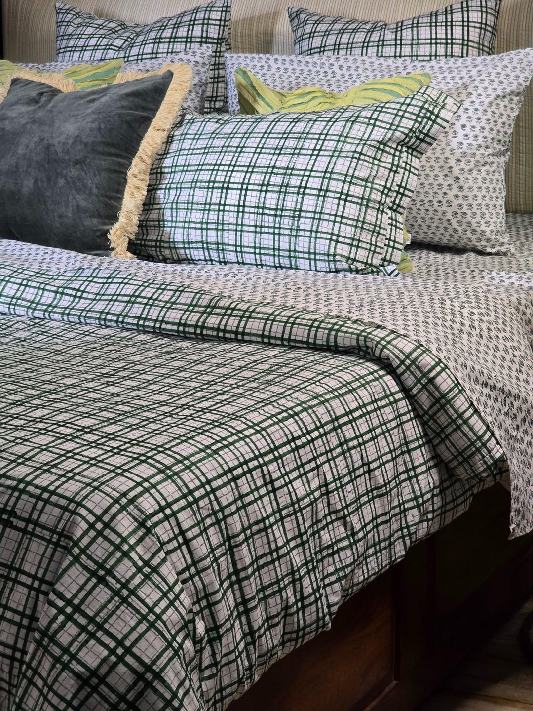 Handmade Block Print Cotton Duvet Cover: Green Check Bedding - Etsy