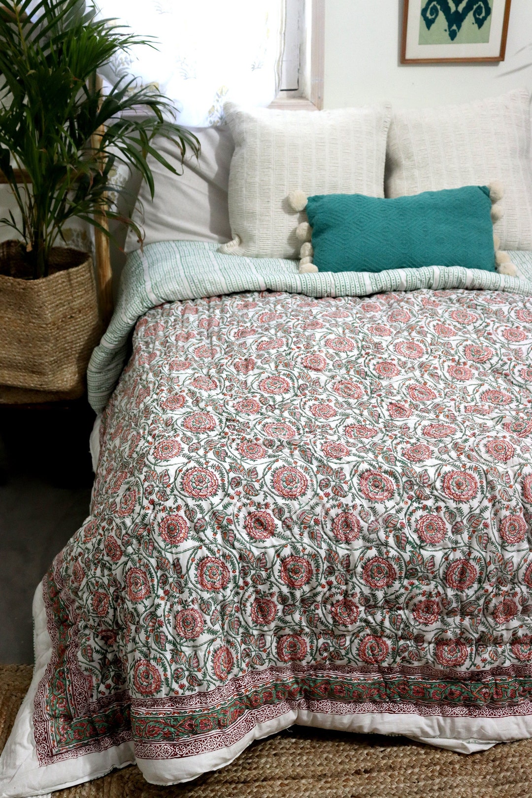 Hand Block Print Cotton Quilt: Reversible Floral Bedcover - Etsy