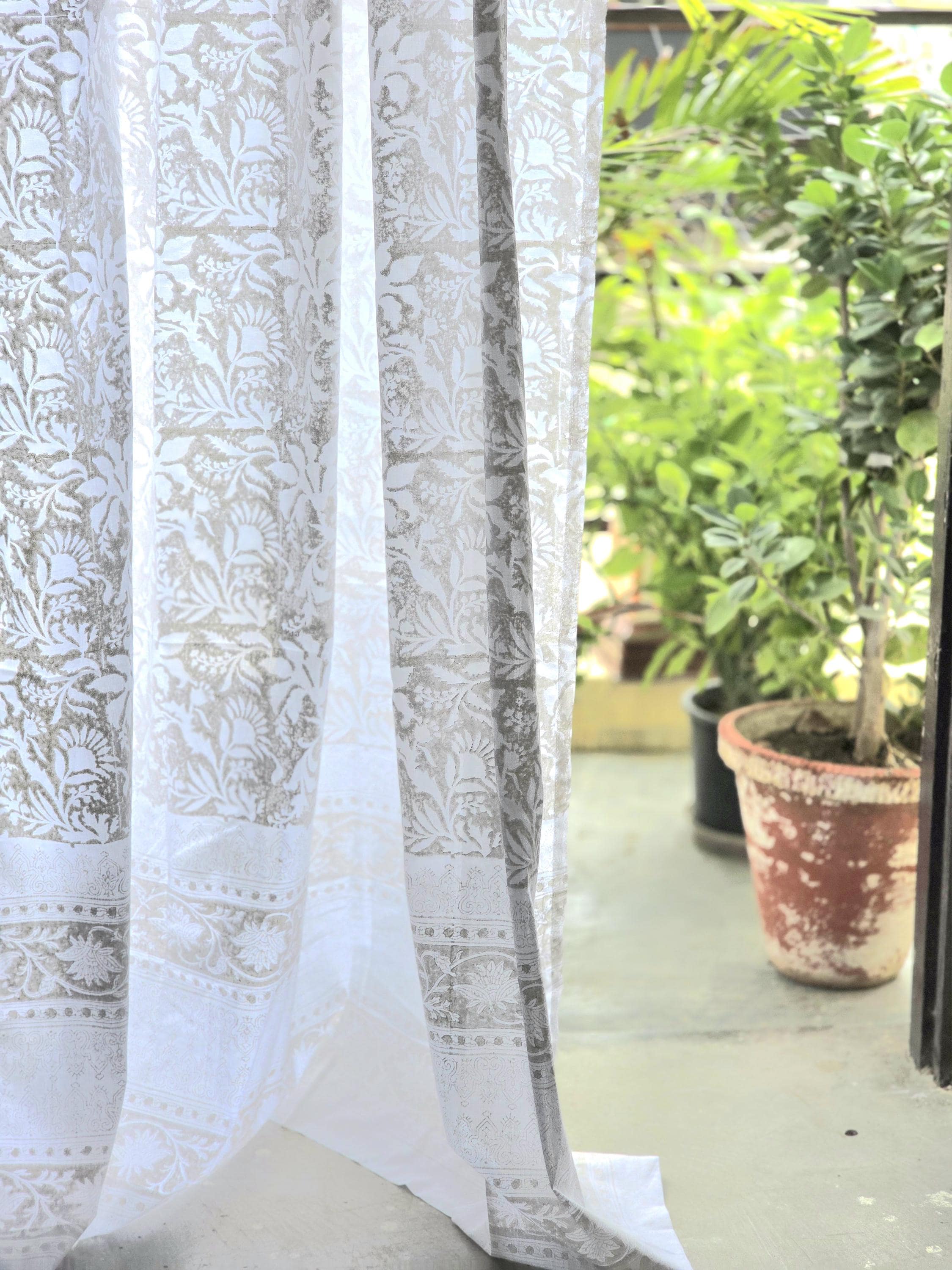 Hand Block Printed Cotton Curtain Panel | White Floral Window Curtain ...