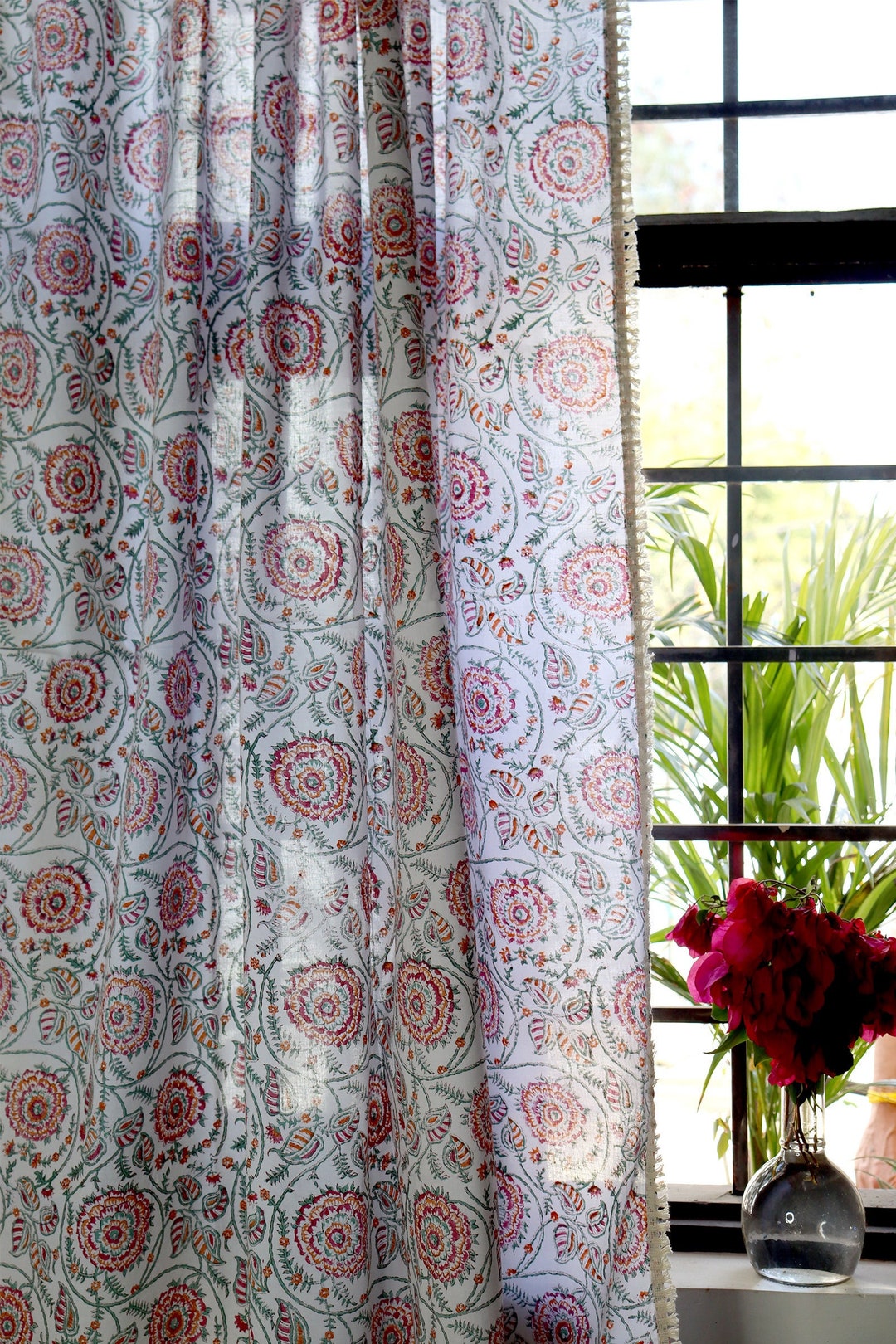 Hand Printed Floral Curtains: Bohemian India Block Print Sheer Panel - Etsy