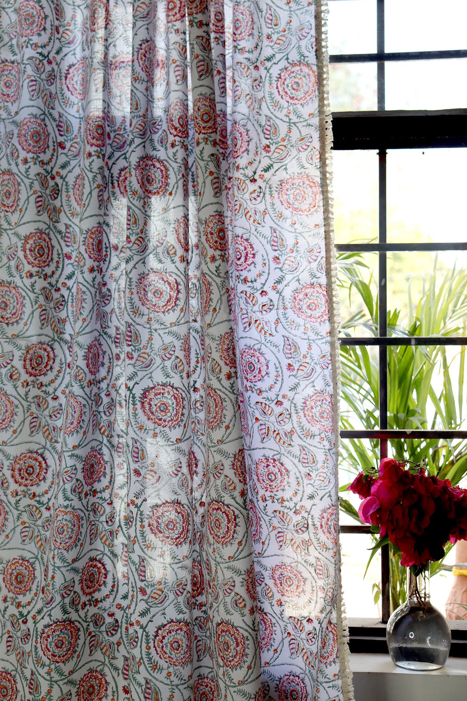 Hand Block Printed Cotton Curtain Panel | Floral Window Curtain | Light ...