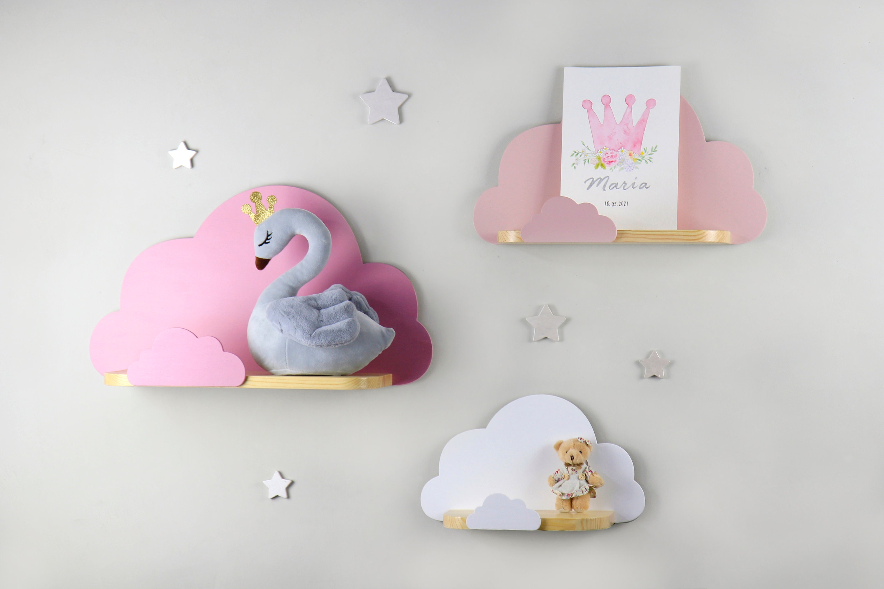 Set of 3 Colourful Wooden Cloud Shelves With Small Border Cloud, Cloud ...