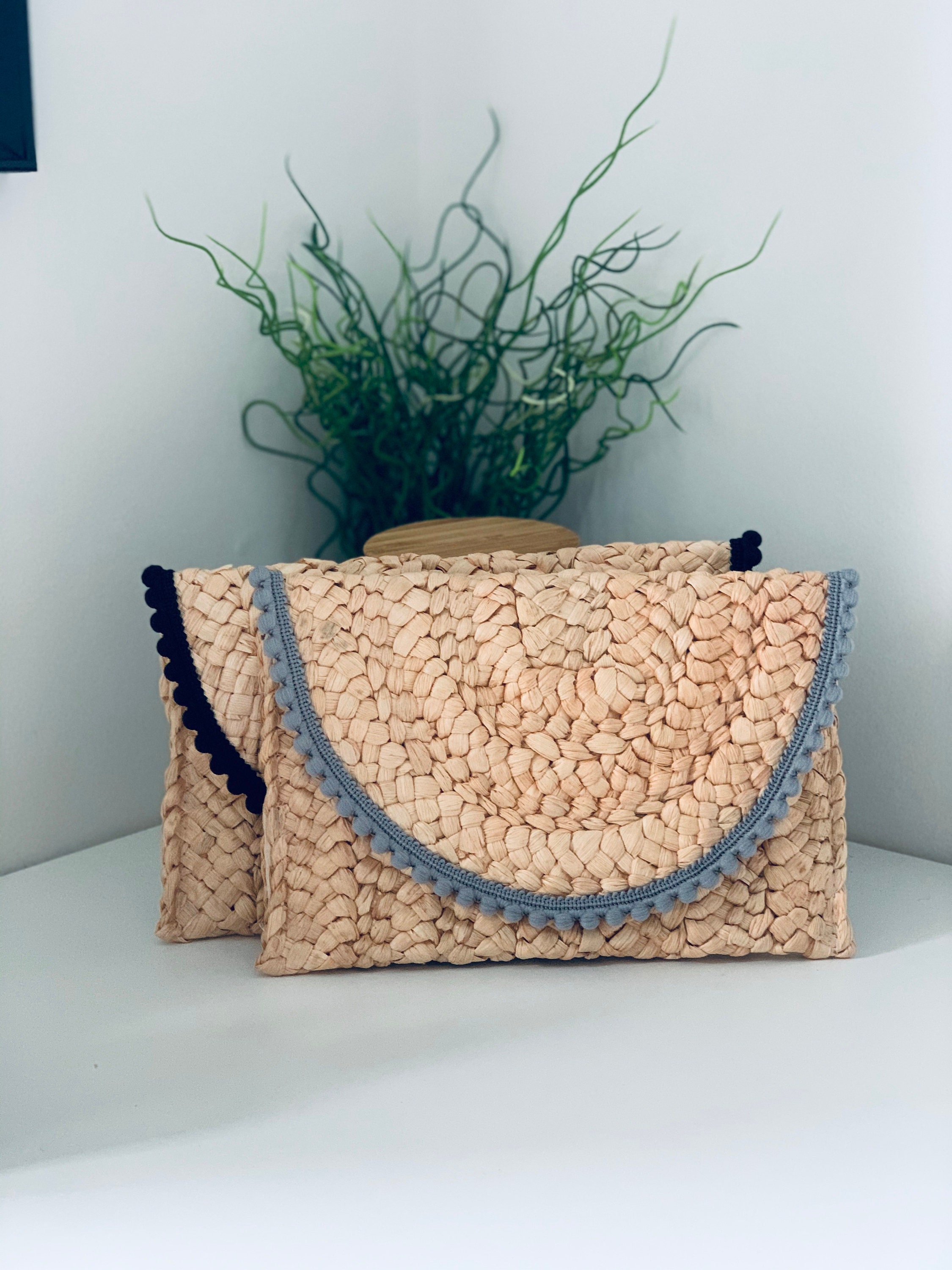 Pom Pom trim straw clutch bag | Etsy