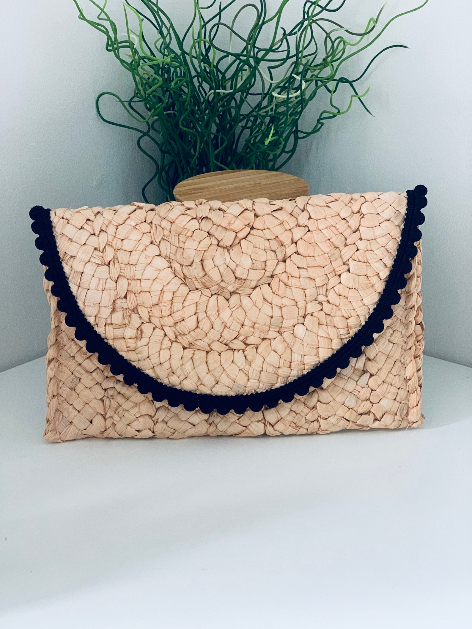 Pom Pom trim straw clutch bag | Etsy