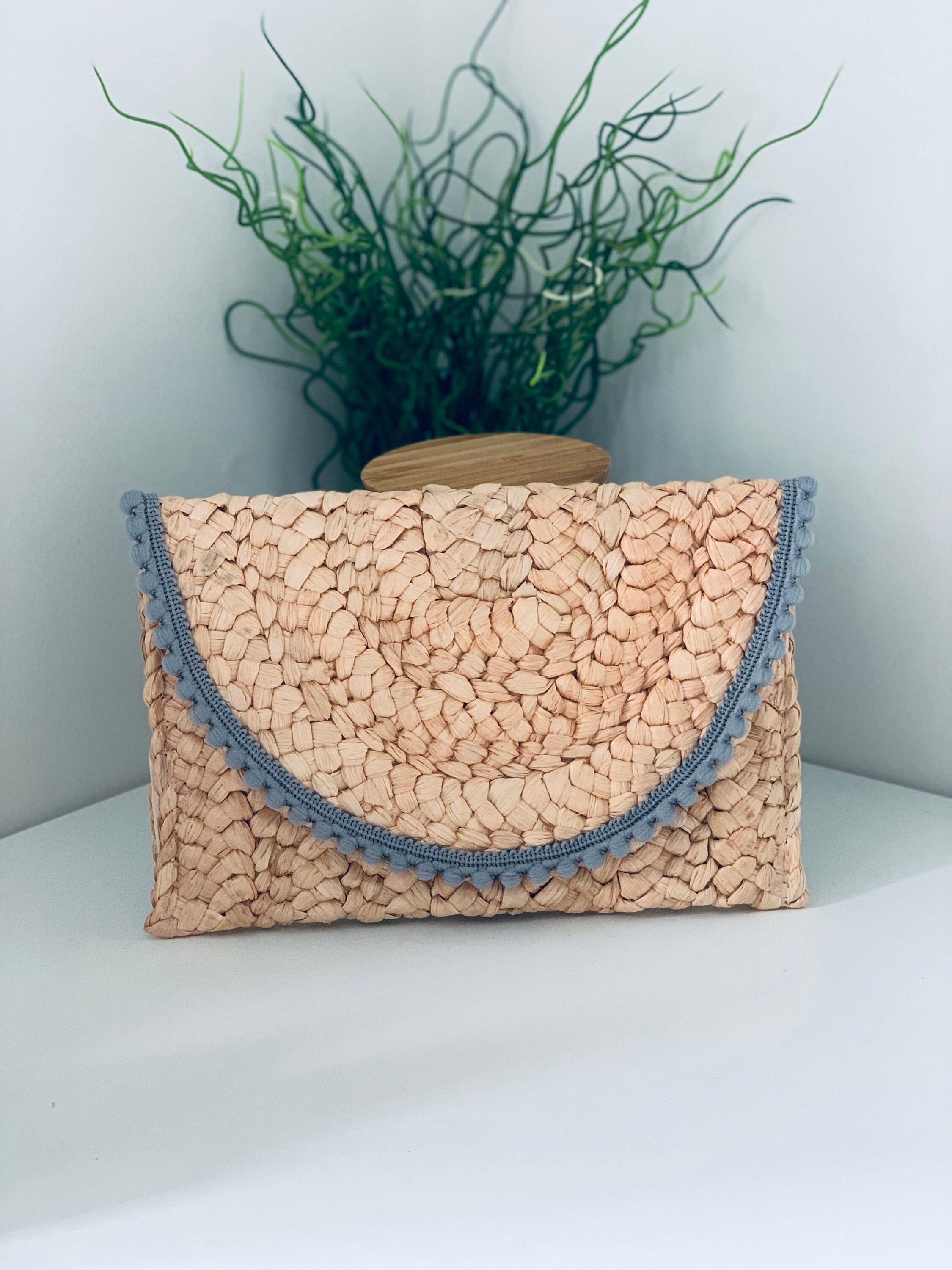 Pom Pom trim straw clutch bag | Etsy