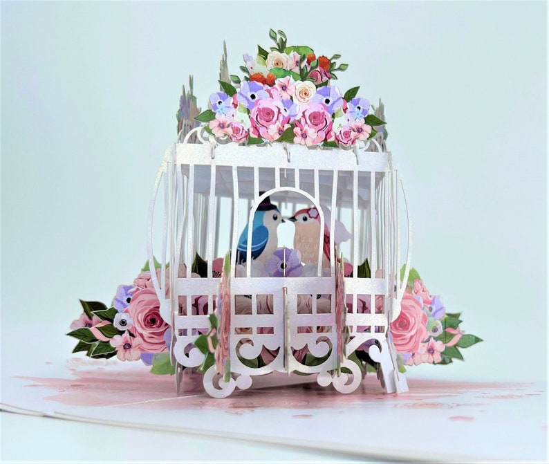 Love Birds 3D Pop-up Card: Floral Birdcage, Wedding Engagement Card - Etsy
