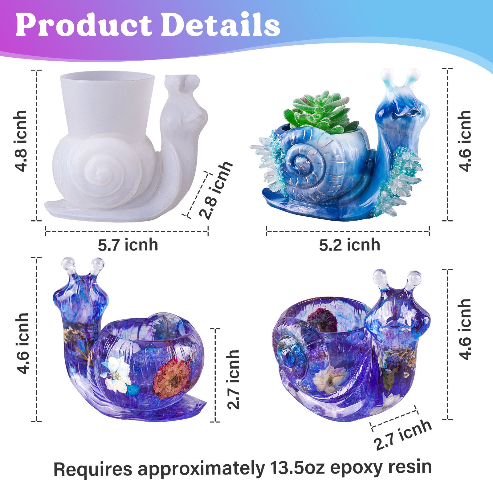LET'S RESIN Snail Silicone Molds for Epoxy Resin, 3D Large Flower Pot ...