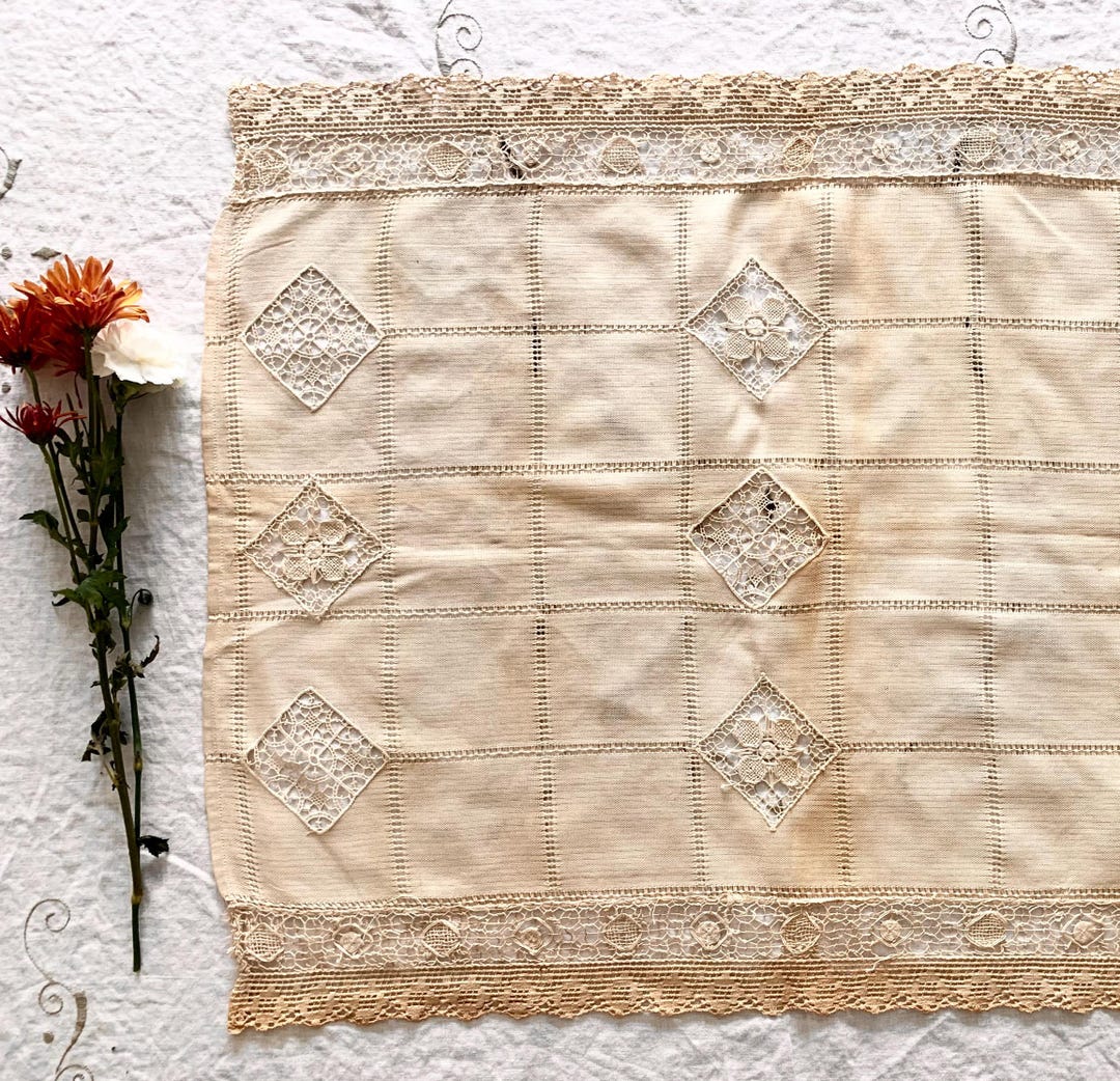 Antique Long Victorian Neutral Beige Woven Floral Dresser Scarf Table ...