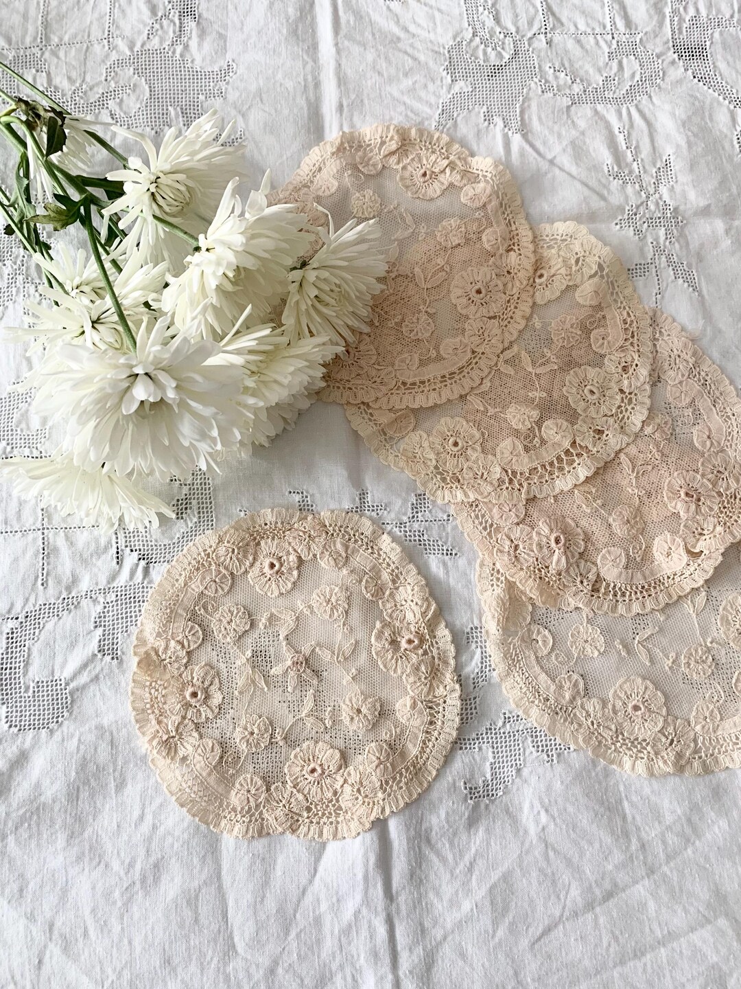 RESERVED - SET OF 5 Antique Neutral Beige Floral Lace Round Doilies ...