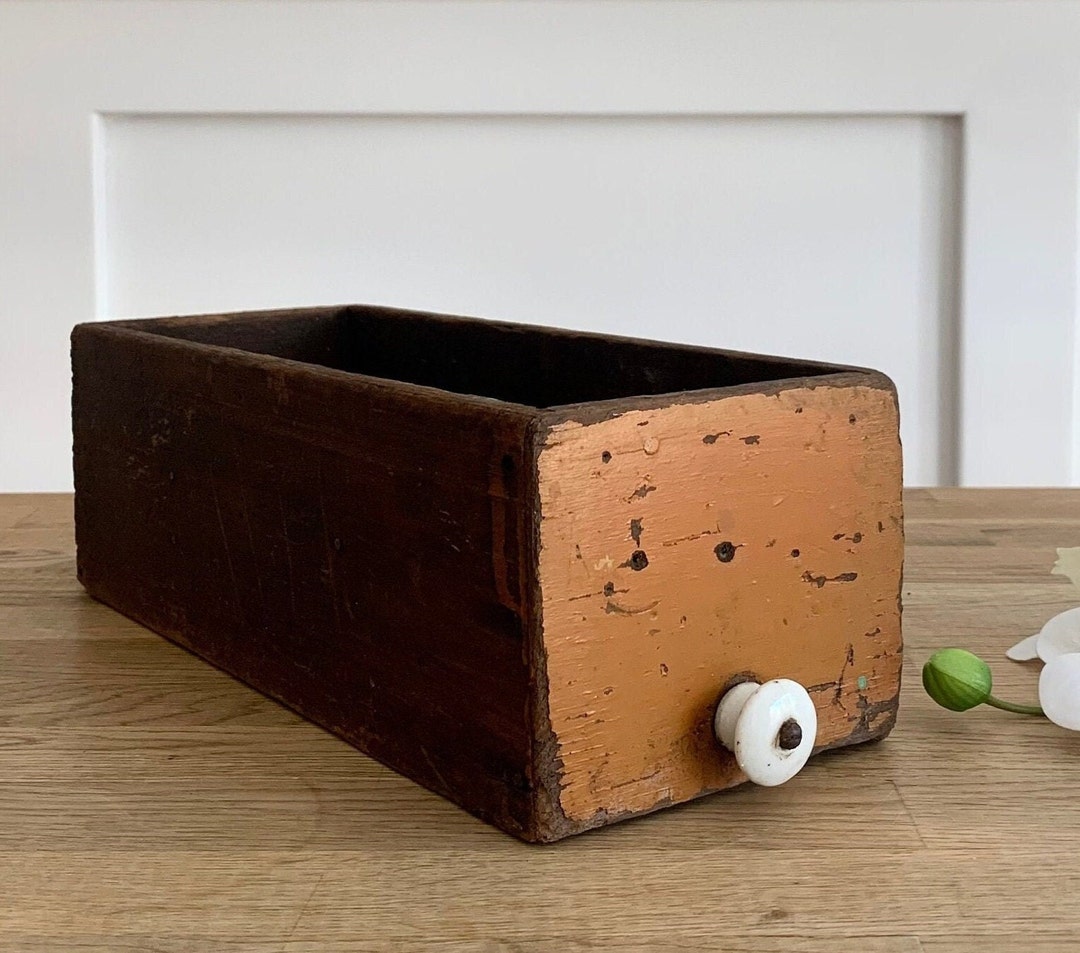 Antique Long Wood Organizer Storage Box Bin White Ceramic Knob Divided ...