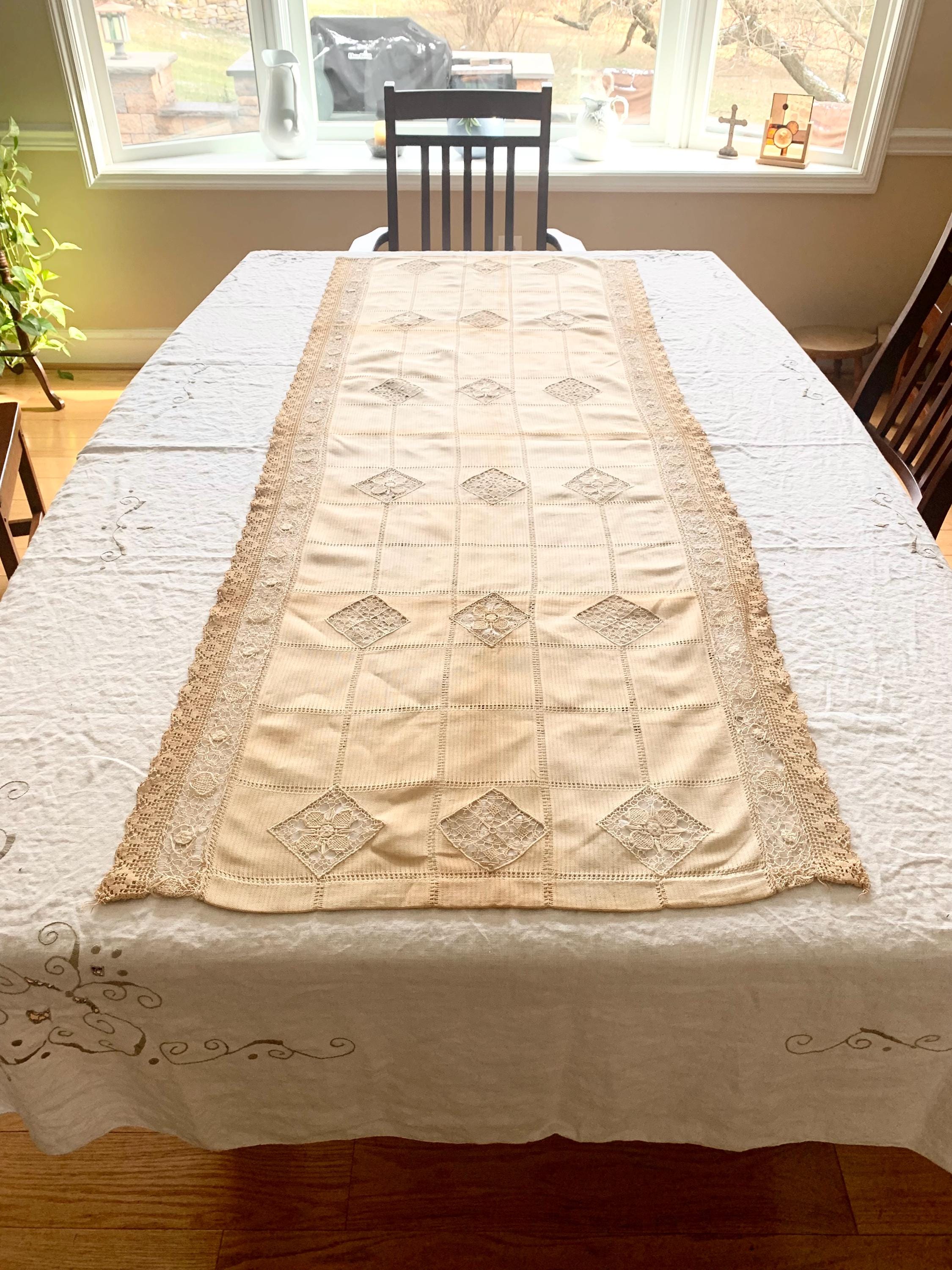 Antique Long Victorian Neutral Beige Woven Floral Dresser Scarf Table ...
