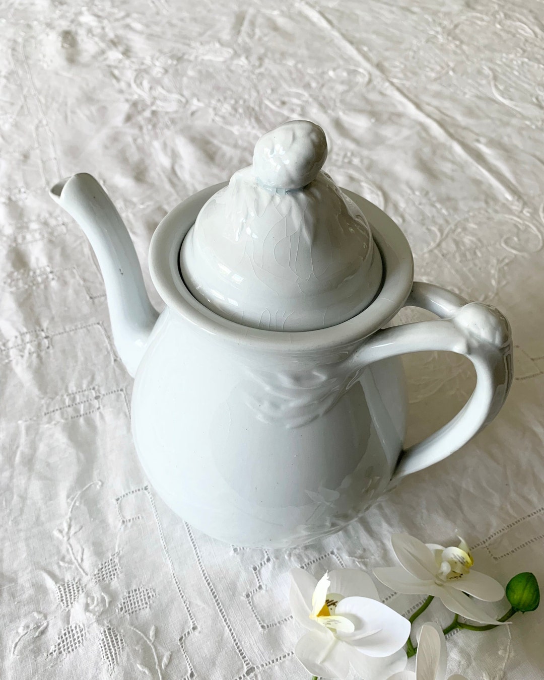 Antique White Leaf Acorn Unmarked Ironstone Teapot,shabby Chic Rustic ...