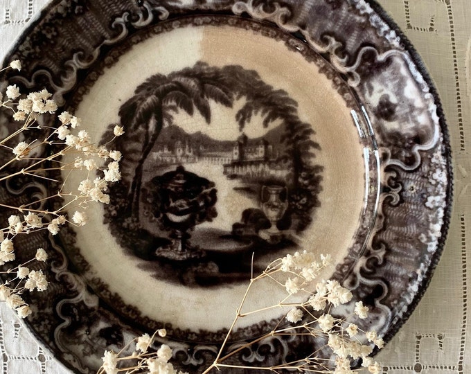 Antique Stained Crazed Black White Floral Ironstone Luncheon Plate ...
