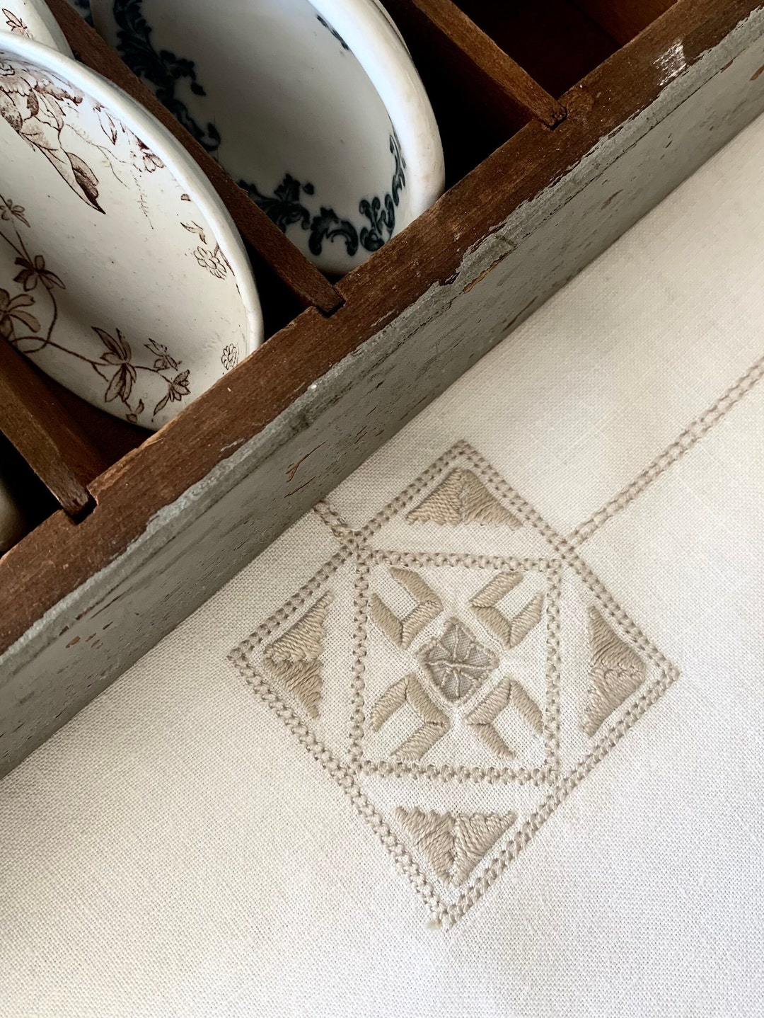 Vintage Neutral off White Beige Embroidered Table Square,rustic Shabby ...