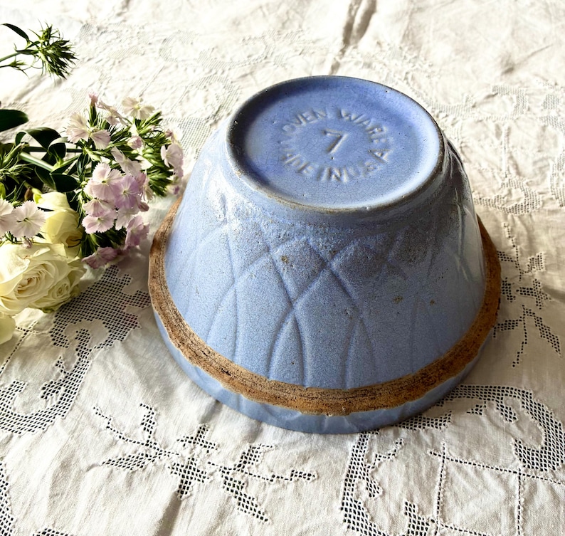 Vintage Periwinkle Blue Embossed Ovenware Stoneware Pottery Mixing Bowl ...