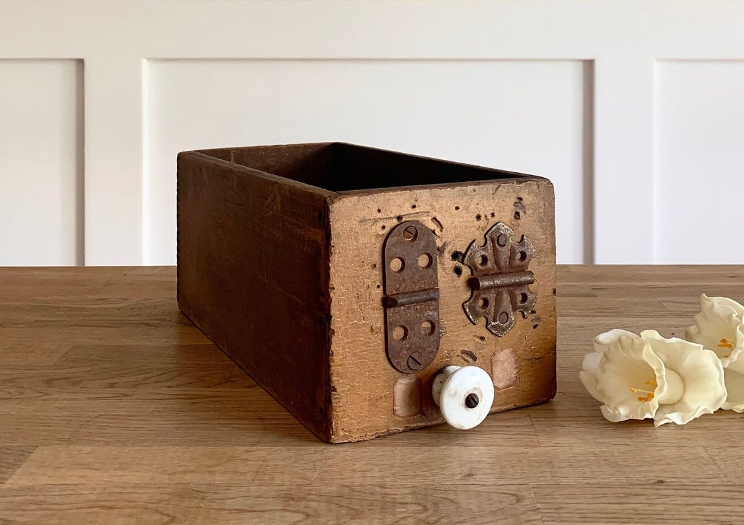 Antique Long Narrow Wood Organizer Storage Box Bin White Ceramic Knob ...